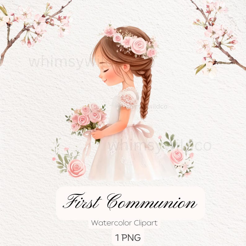 First Communion Girl Clipart With Flower Crown, Pastel Pink Printable ...