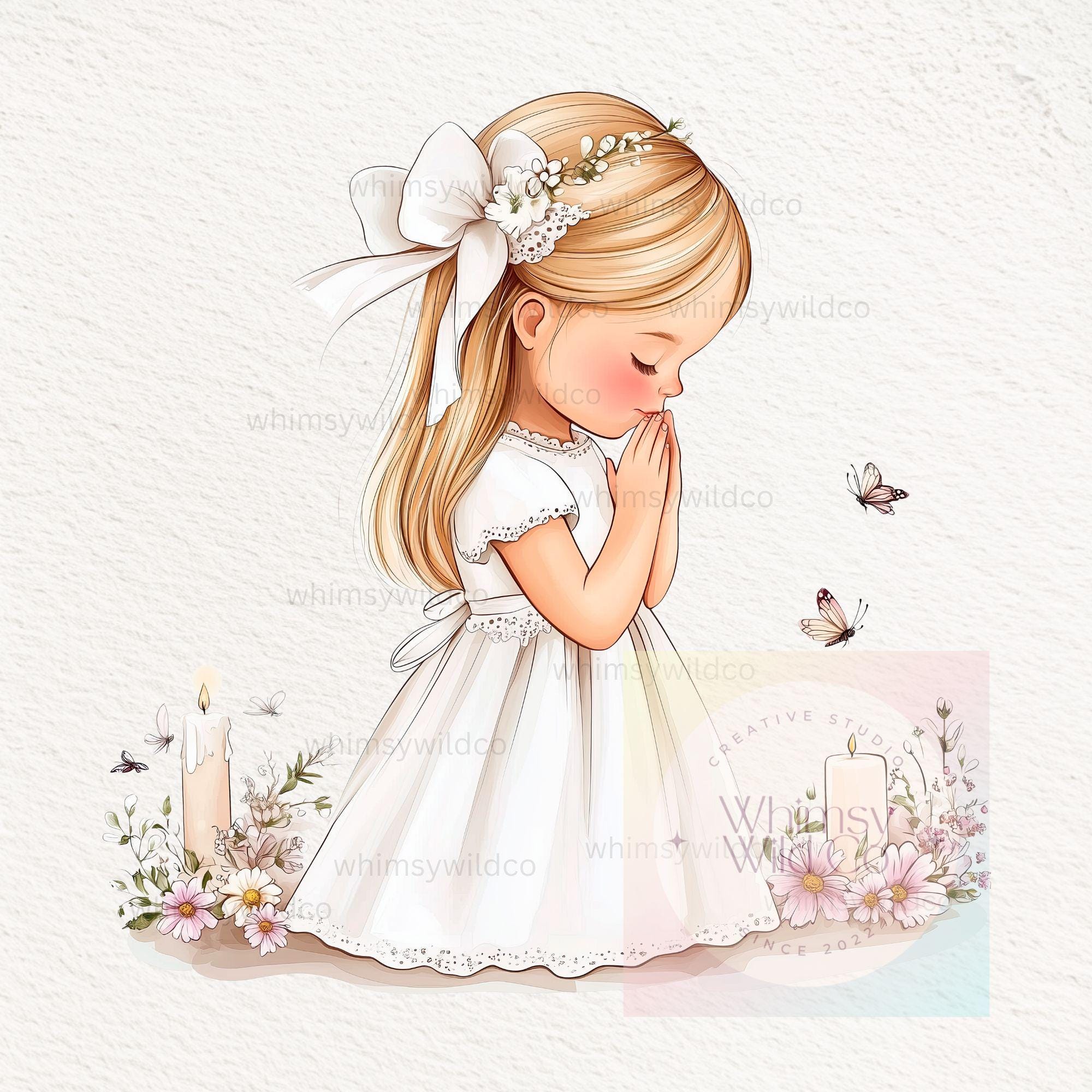 Clipart De Niña De Primera Comunión Arrodillada Rezando Con Flores Y ...