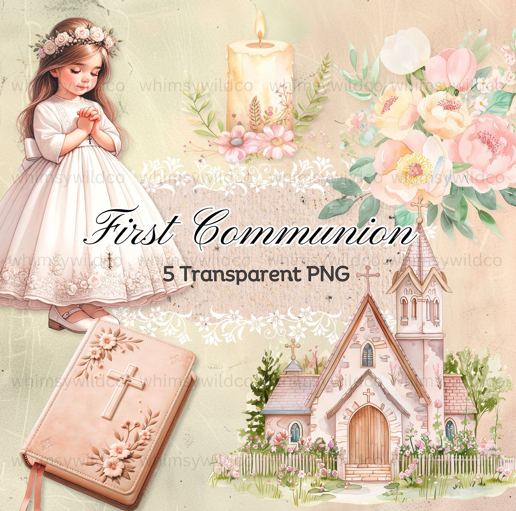 Elegant Watercolor First Communion Clipart Set, High-resolution Digital ...