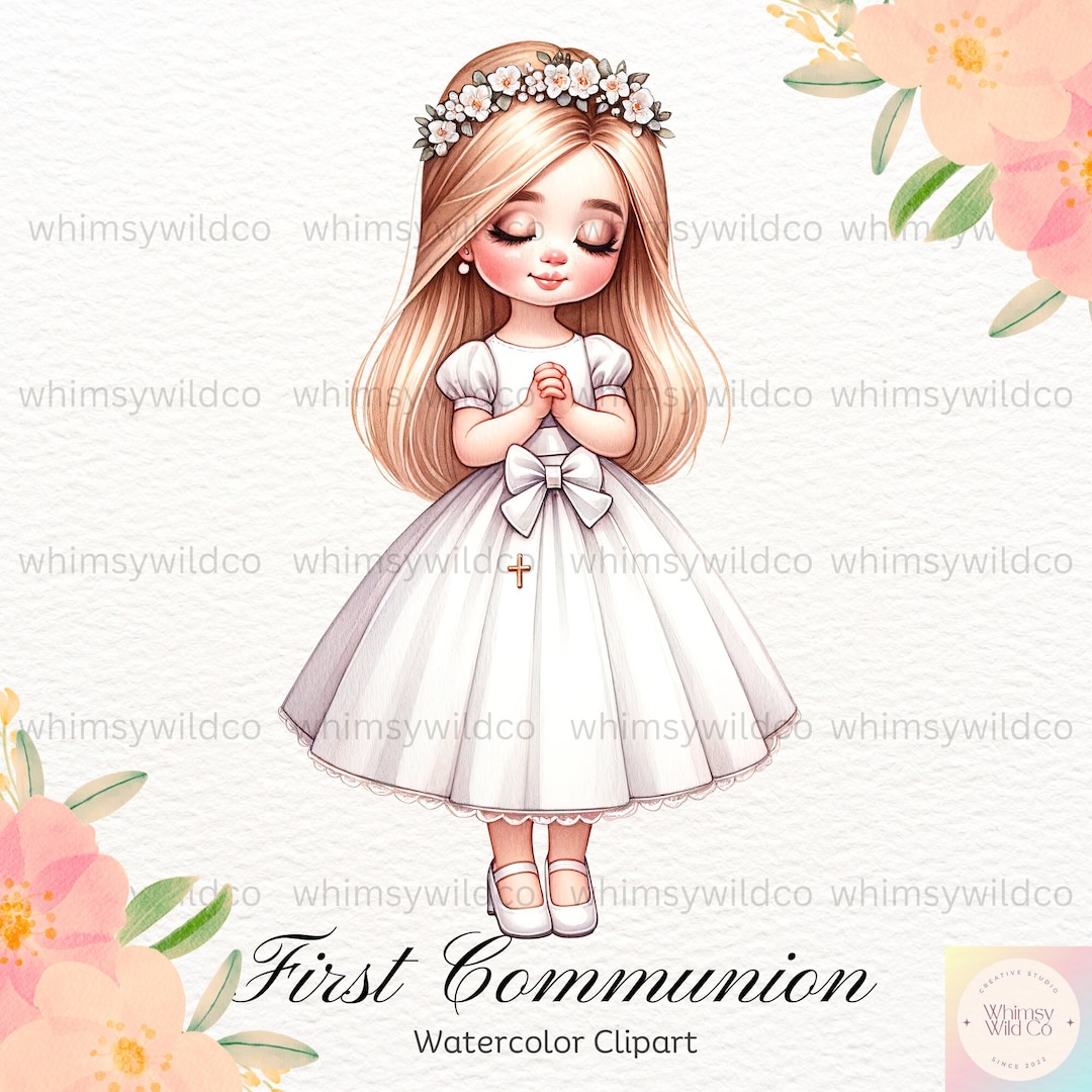 First Communion Blonde Girl With Flower Crown Clipart, Elegant ...