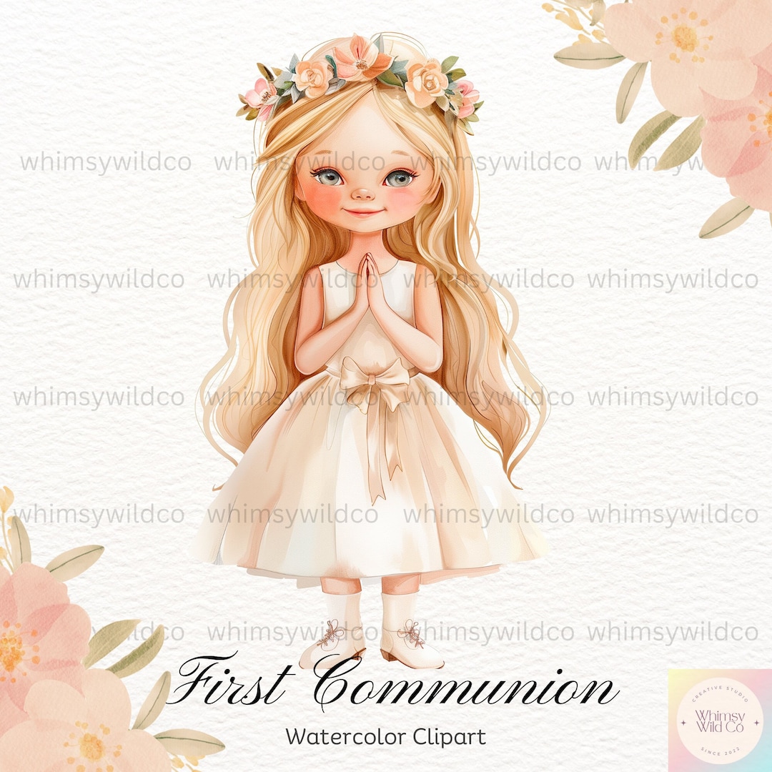 Elegant First Communion Girl Clipart, Flower Crown Christian Art ...