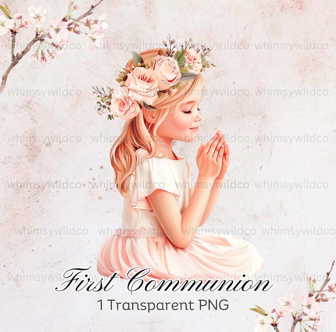 Elegant First Communion Girl Clipart: Praying Girl With Flower Crown ...