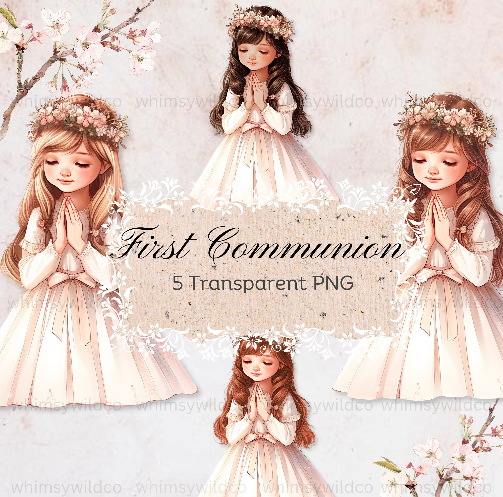 Elegant First Communion Girls Clipart: Praying Girl Graphics, Flower ...