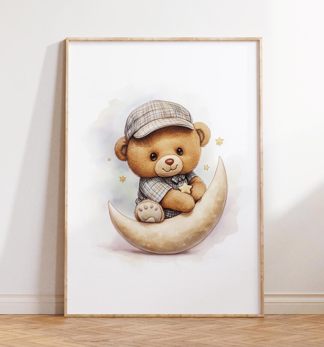 Osito De Peluche Soñador Sobre Una Luna Ilustración Acuarela, Póster ...