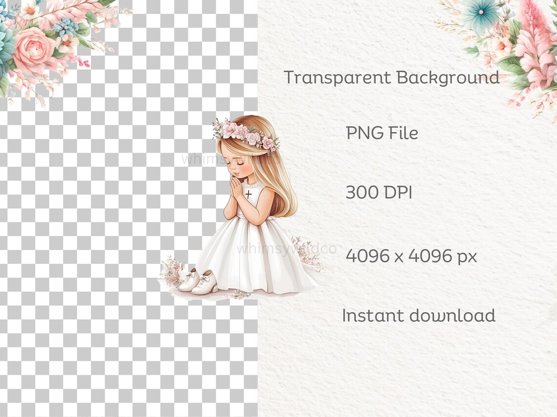First Communion Girl Clipart With Flower Crown in Pastel Pink, Ideal ...