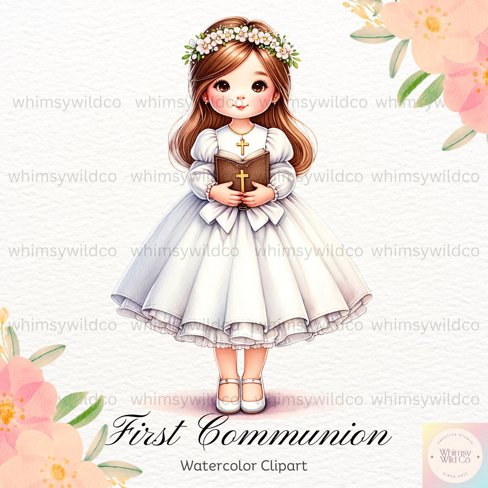 First Communion Girl Clipart With Flower Crown, Elegant Christian Clip ...