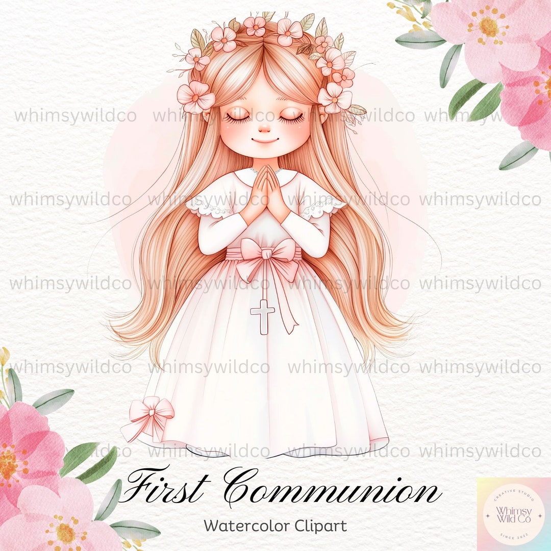First Communion Watercolor Clipart - Christian, Religious, Cute Girl ...