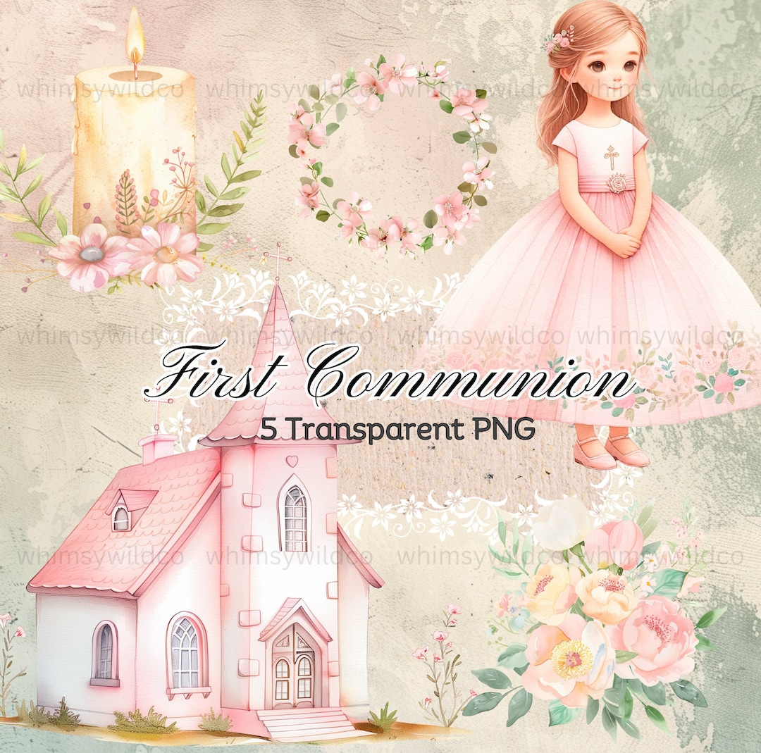 Pink Watercolor First Communion Clipart Set for Girls, Angelic & Floral ...