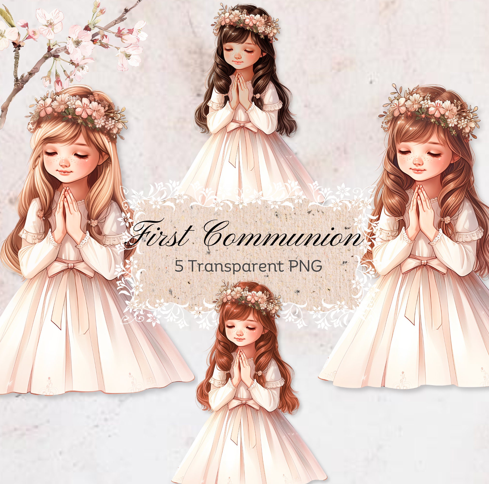 Elegant First Communion Girls Clipart: Praying Girl Graphics, Flower ...