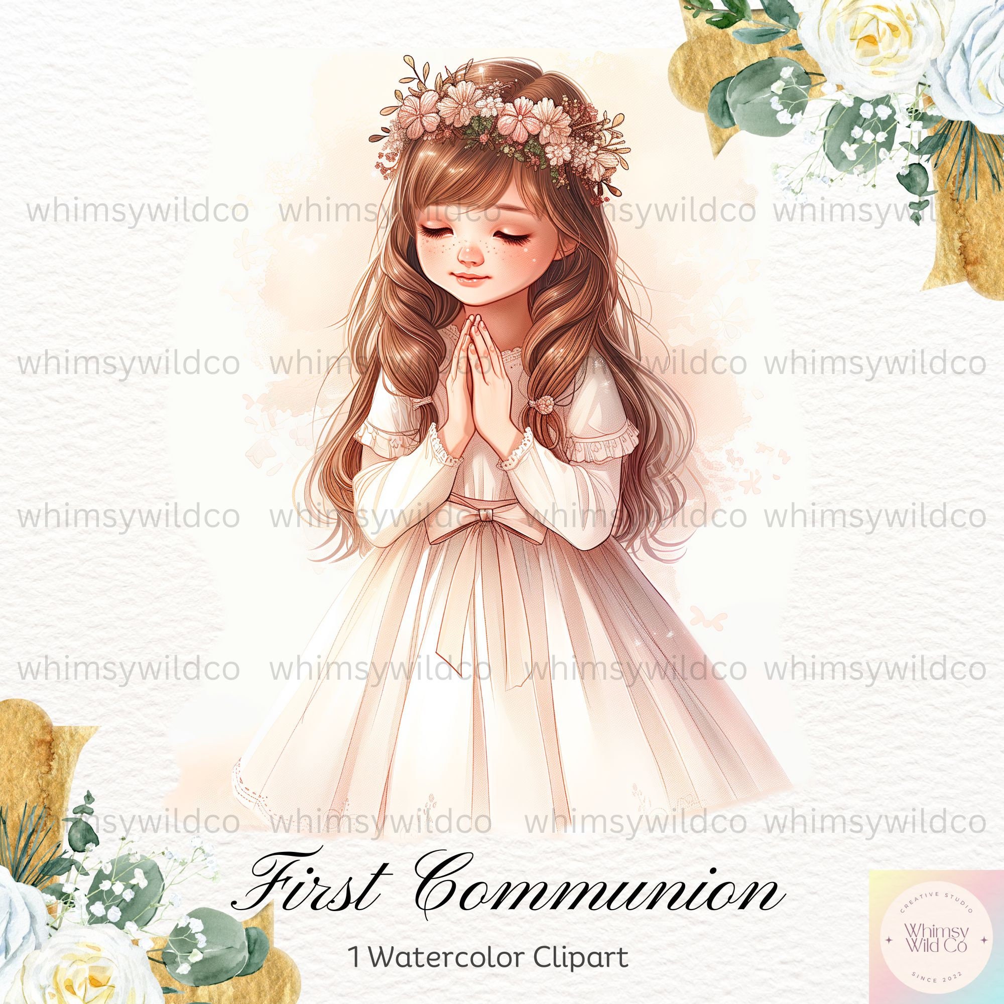 Elegant First Communion Girl Clipart With Flower Crown, Christian ...