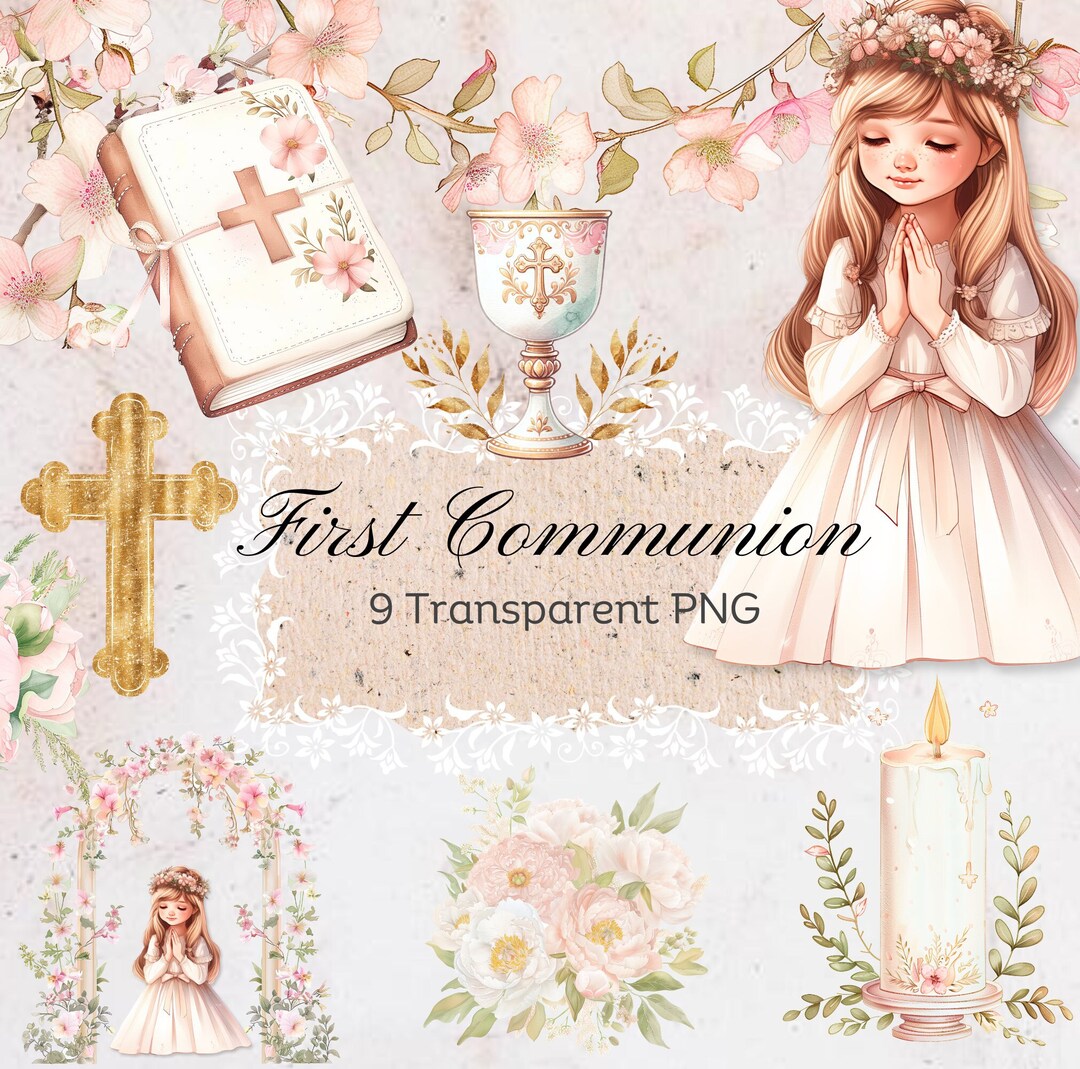Elegant First Communion Clipart for Girls: Floral Bible, Cross, Candle ...