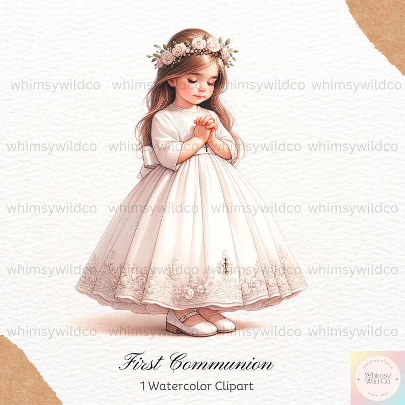 First Communion Girl Clipart With Flower Crown, Elegant Christian Clip ...