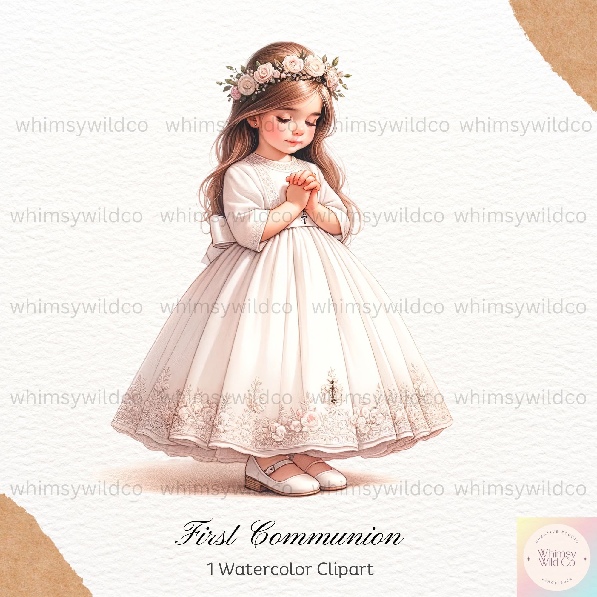 First Communion Girl Clipart With Flower Crown, Elegant Christian Clip ...