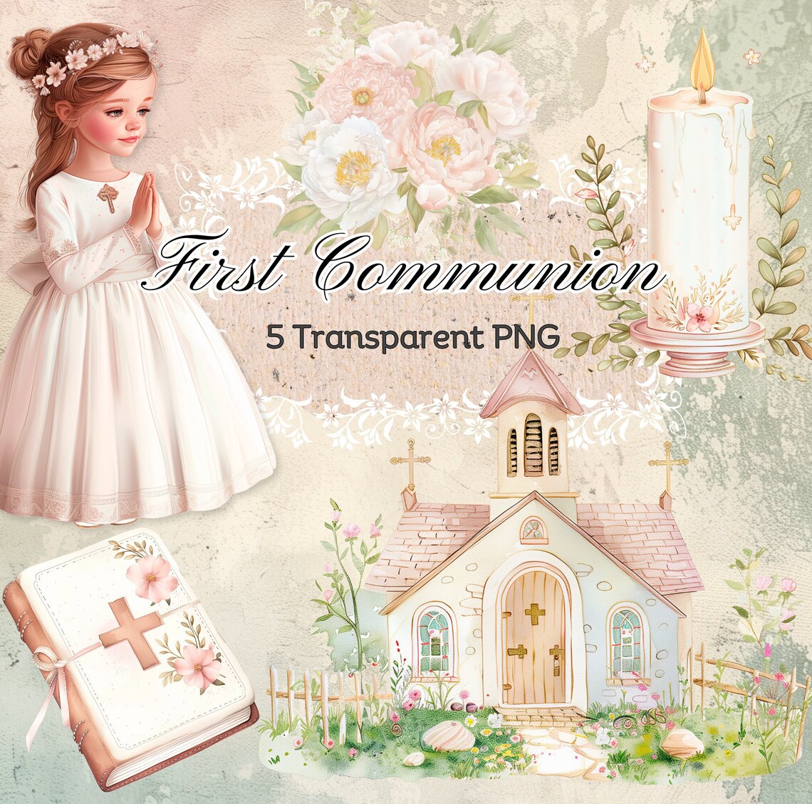 Elegant Watercolor First Communion Clipart, High-resolution Christian ...