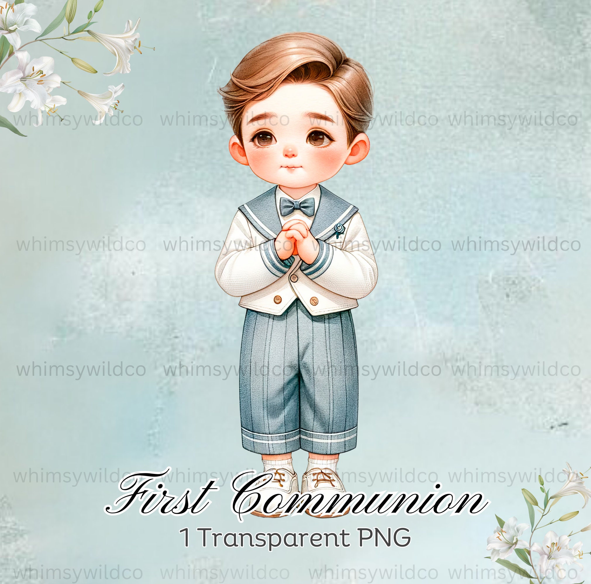 First Communion Boy Watercolor Clipart - Pristine Praying Child Graphic ...