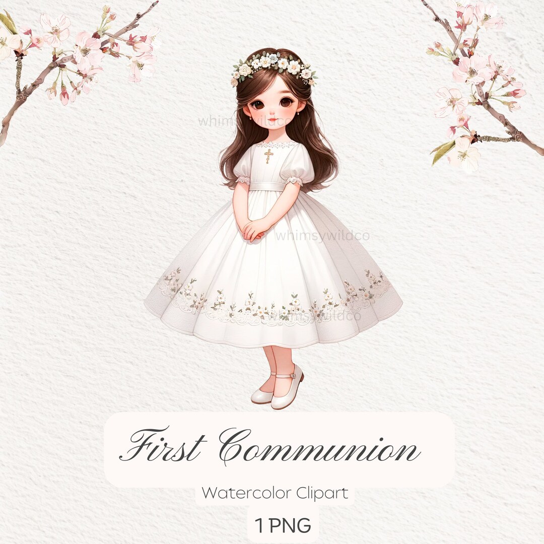 First Communion Girl Clipart With Dark Brown Hair, Floral Crown, High ...