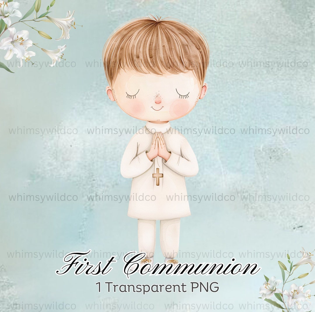 First Communion Boy Clipart: Praying Boy Illustration for Christian ...