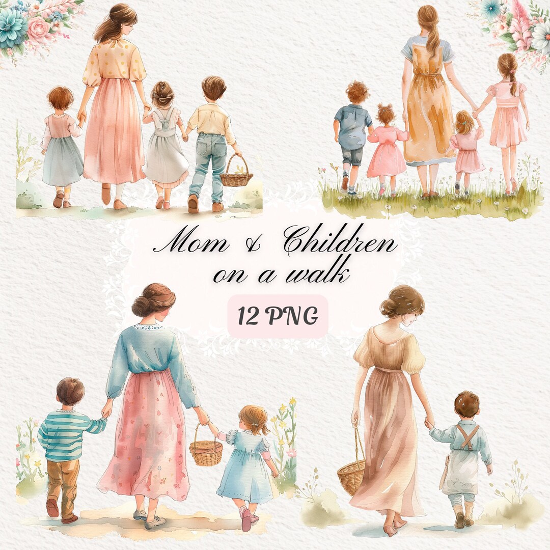 Watercolor Mother's Day Clipart Set - Mom With Children on a Walk ...