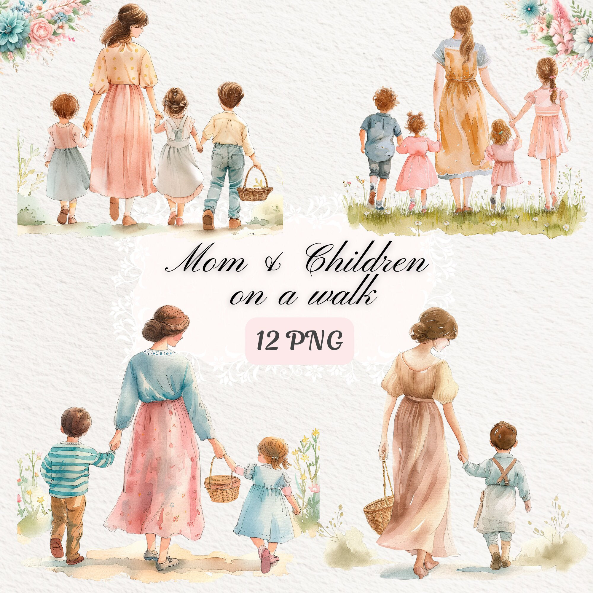 Watercolor Mother's Day Clipart Set Mom With Children on a Walk ...