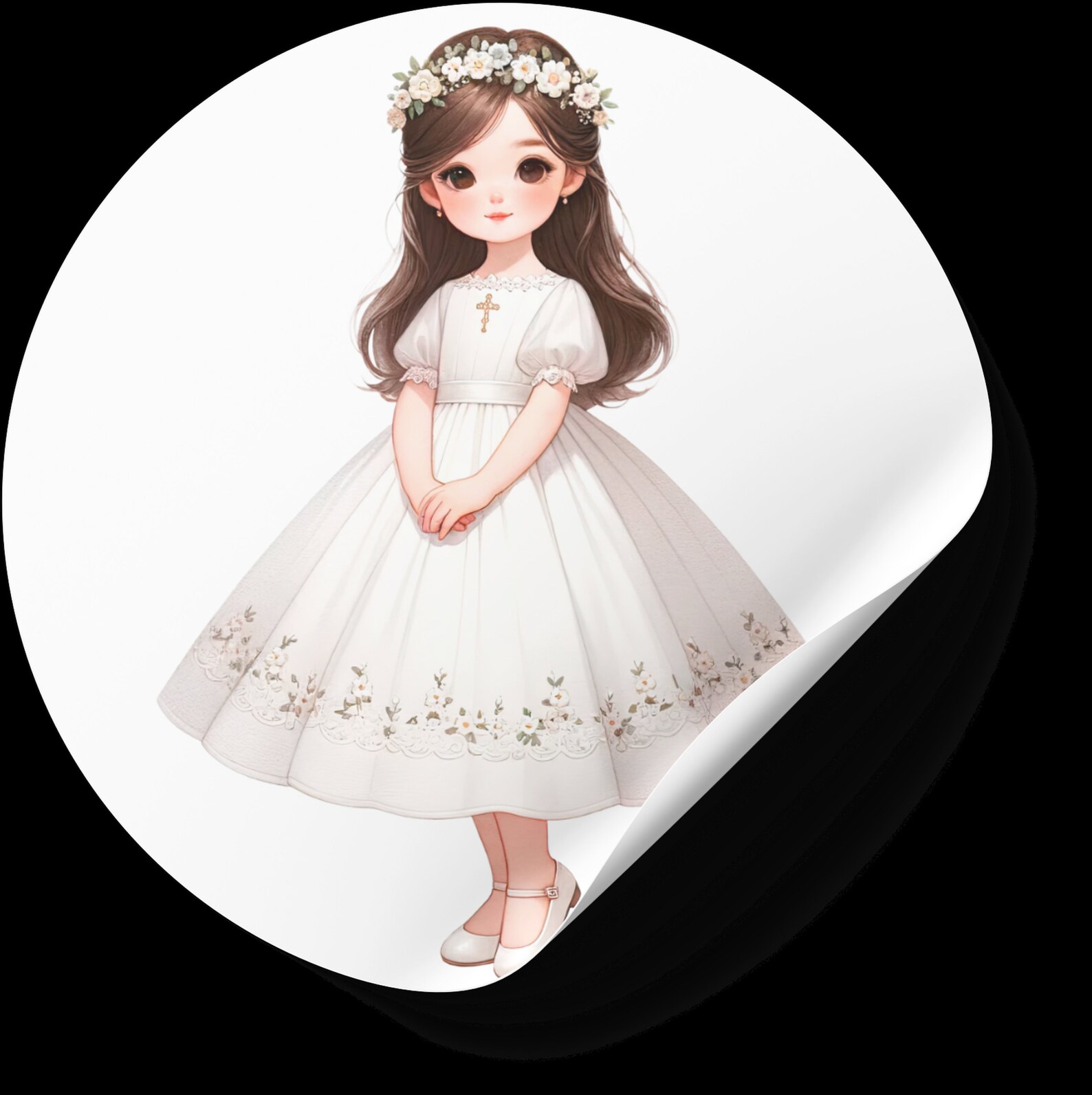 First Communion Girl Clipart With Dark Brown Hair, Floral Crown, High ...