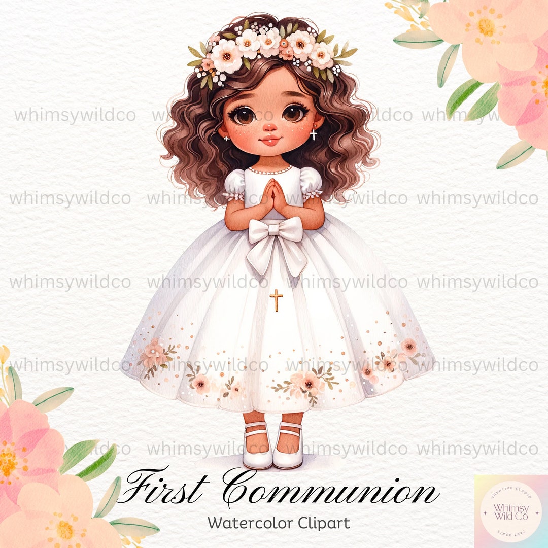 First Communion Brown Hair Girl With Flower Crown Clipart, Elegant ...