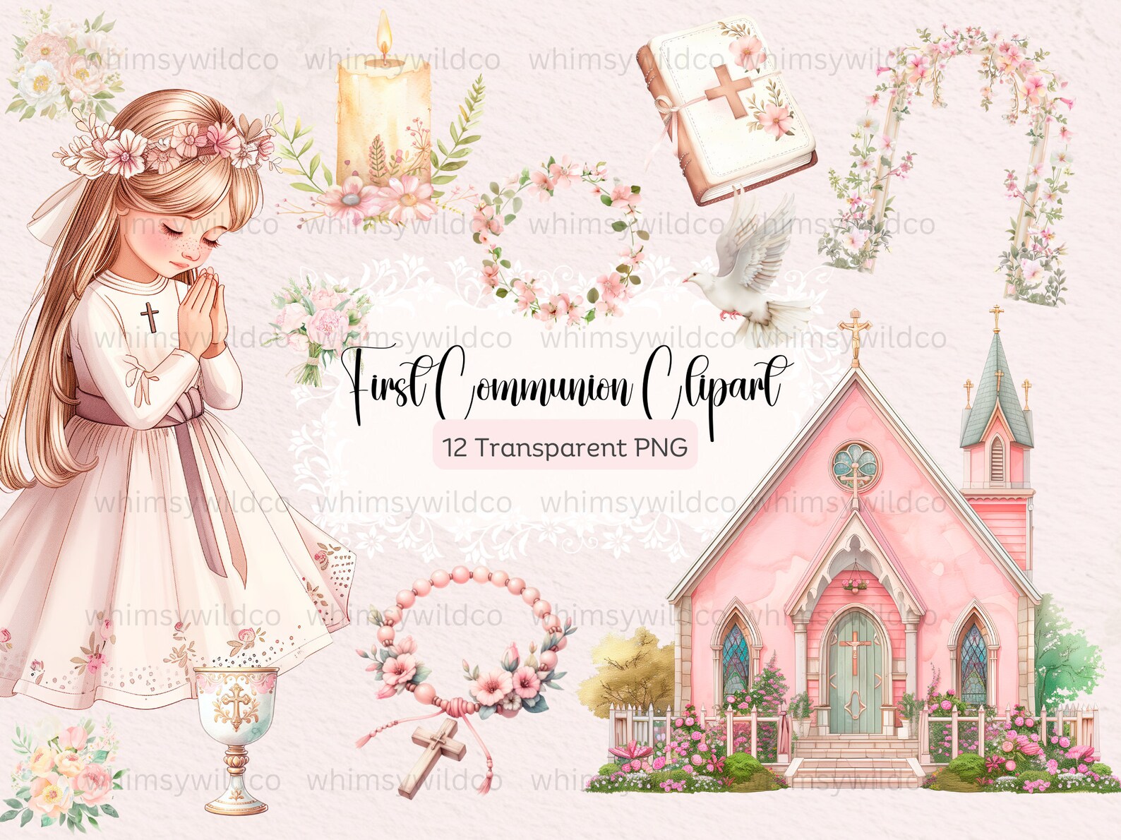 Elegant Watercolor First Communion Clipart for Girls - High Resolution ...
