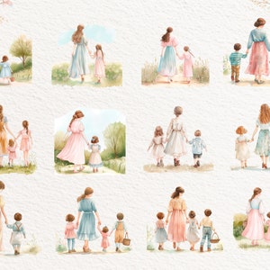 Watercolor Mother's Day Clipart Set - Mom With Children on a Walk ...