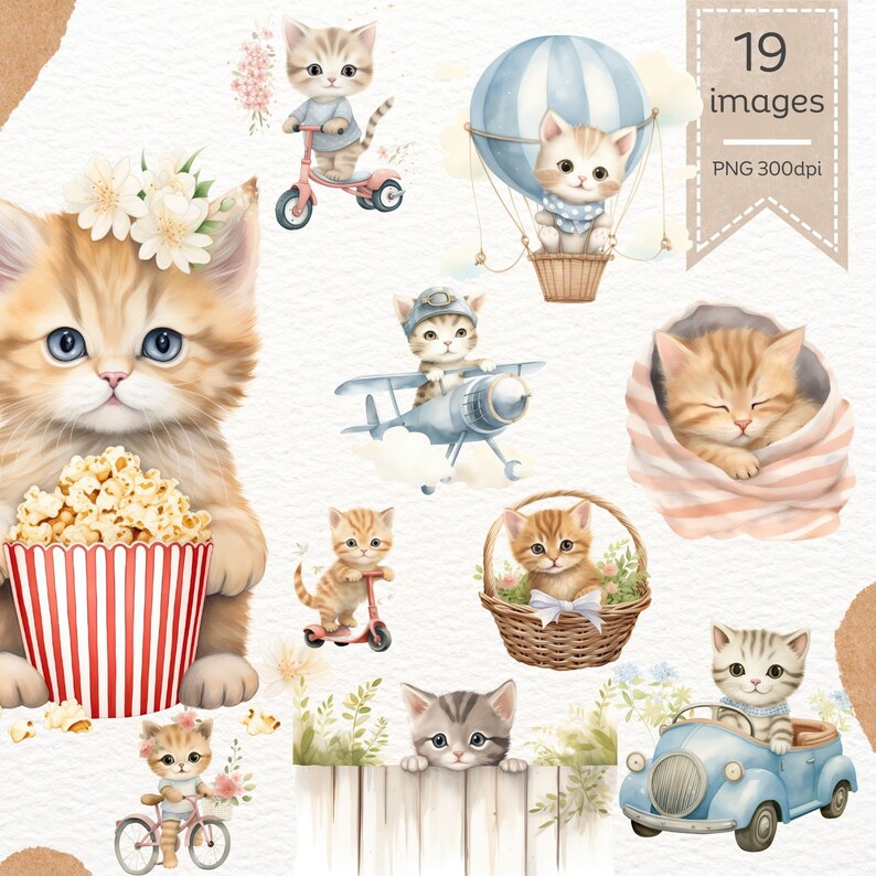 Adorable Watercolor Cats Clipart Bundle - 19 High-quality Baby Kitten ...