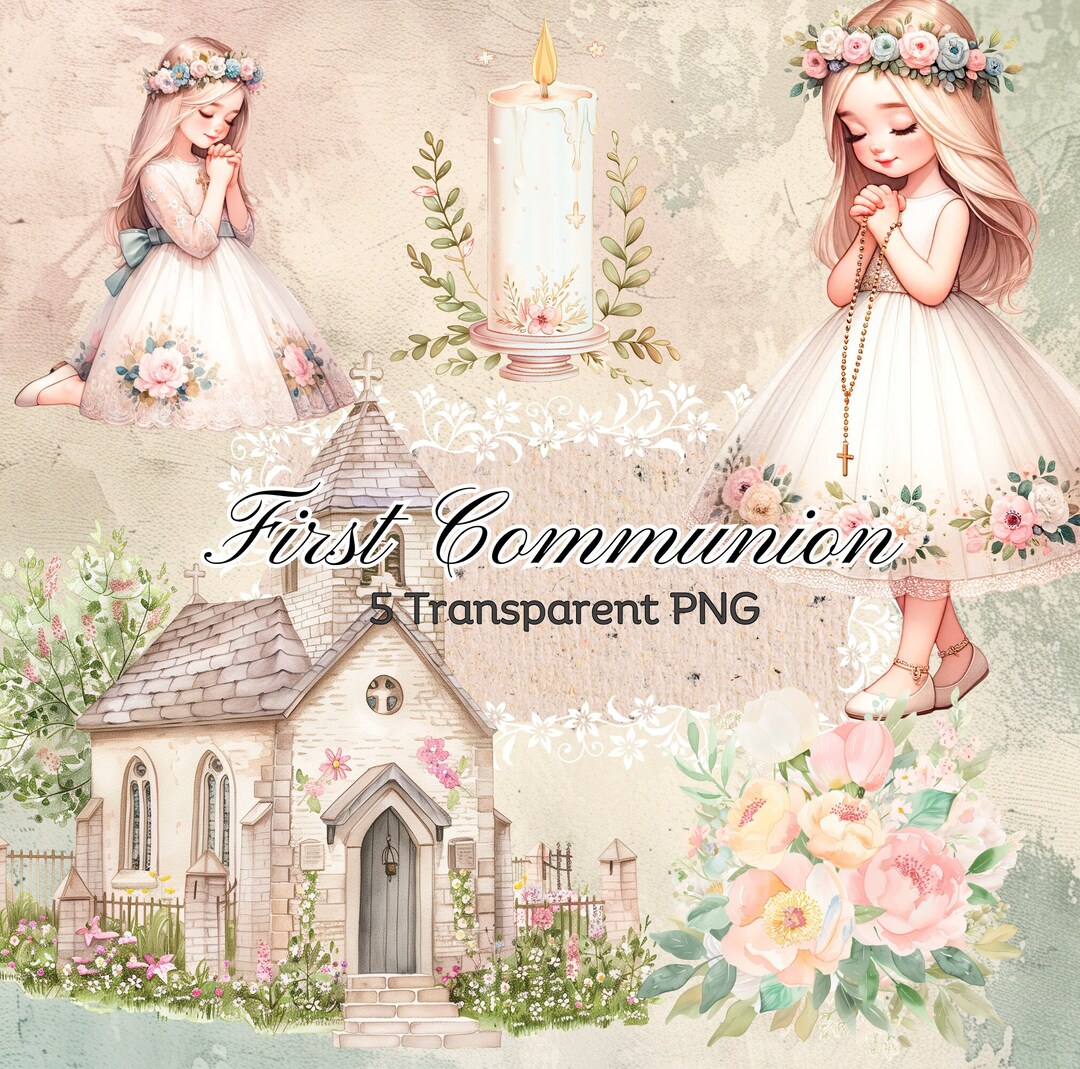 Elegant First Communion Watercolor Clipart Set for Girls - 5 Christian ...