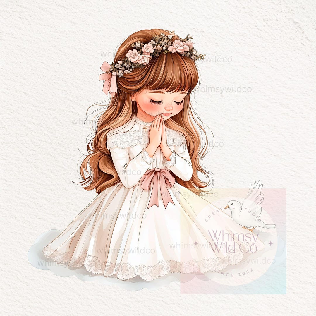 Clipart Niña Primera Comunión Arrodillada Rezando Con Corona De Flores