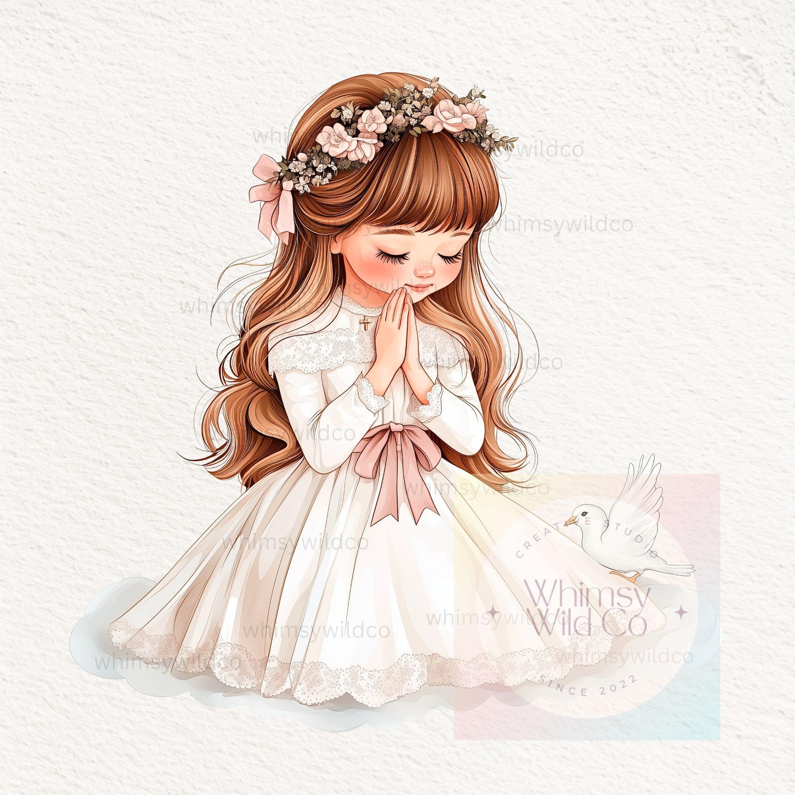 Clipart Niña Primera Comunión Arrodillada Rezando Con Corona De Flores ...
