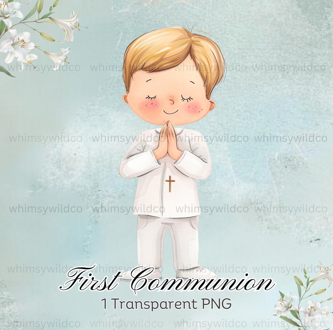 Premium First Communion Boy Watercolor Clipart - Divine Praying Child ...