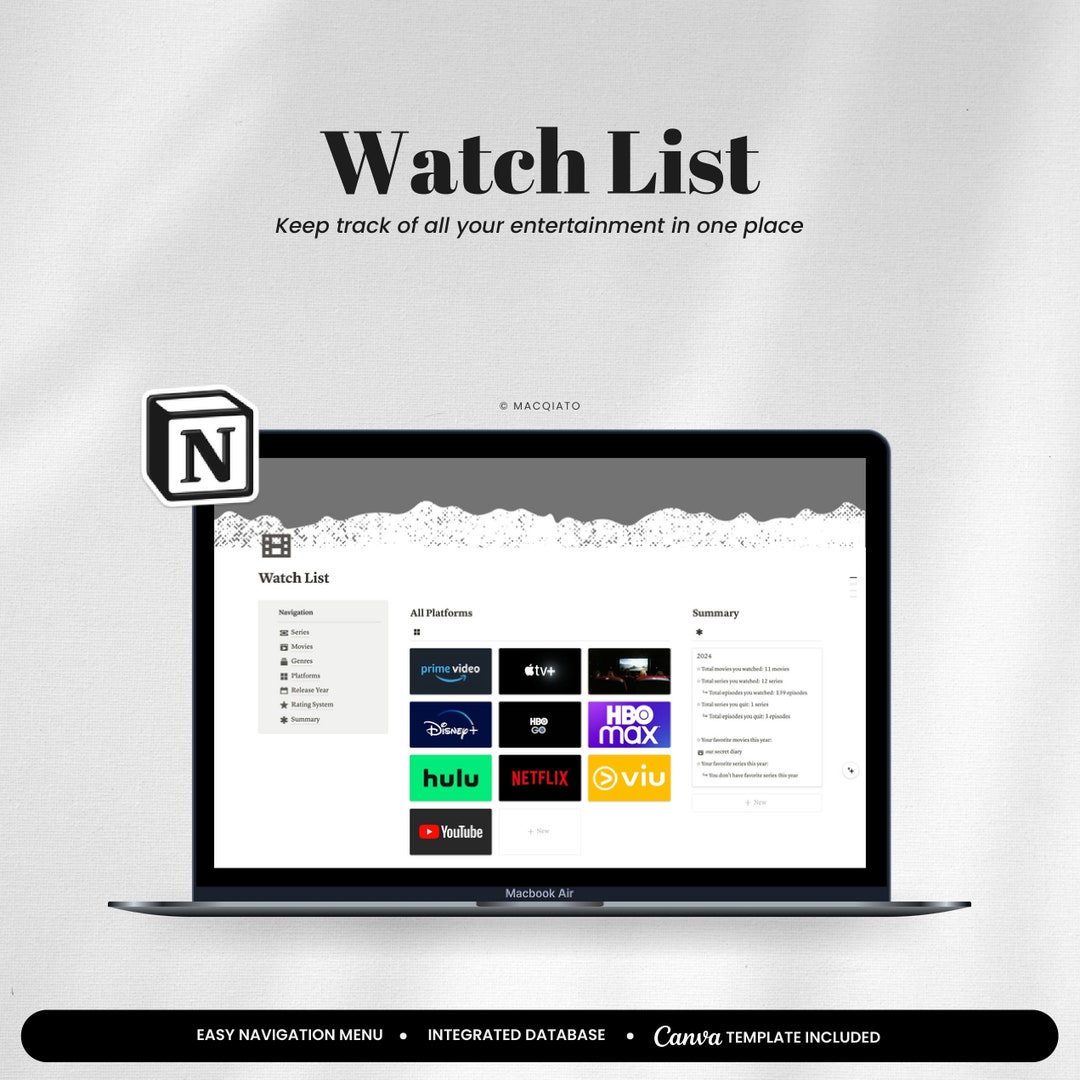 Watch List Notion Template Movie Series Tracker Aesthetic Media Planner ...