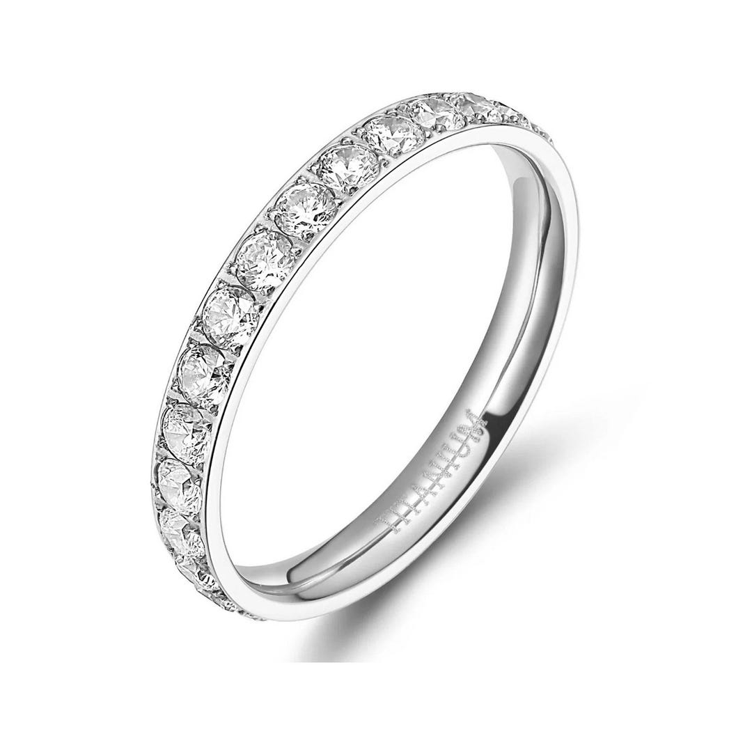 3mm Polished Silver Titanium Ring With Cubic Zirconia Stones ...