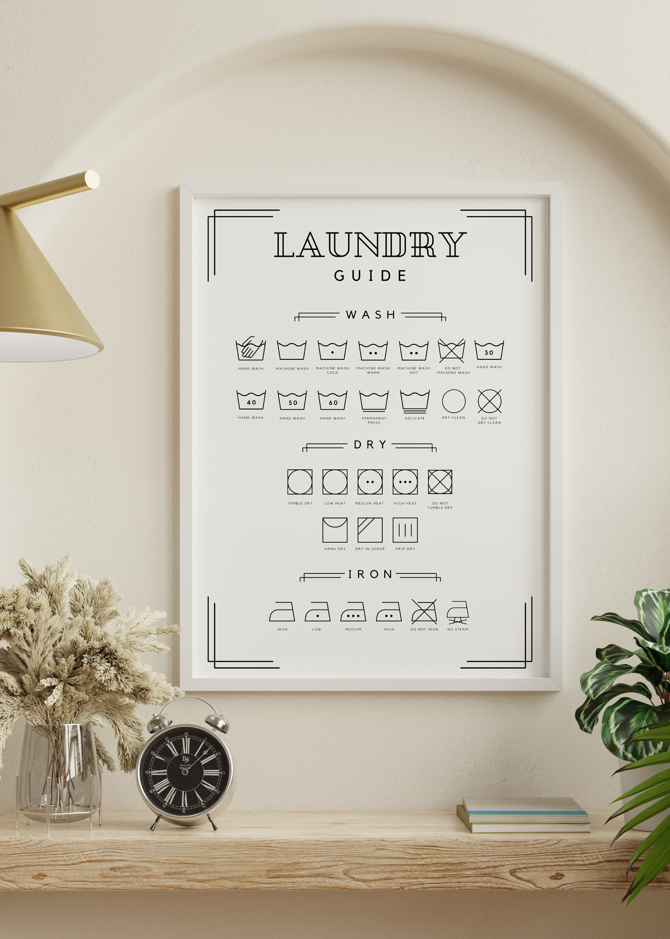Laundry Guide Print, Laundry Symbols, Washing Guide Chart Modern Black & White, Parisian/artdeco ...