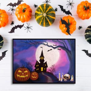 Halloween Spooky Moon Night Landscape Original Painting, Haunted House ...