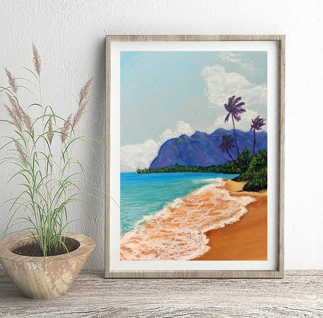 Seascape Landscape Seaside Painting A4 Tropical Beach Art Oil Pastel on ...