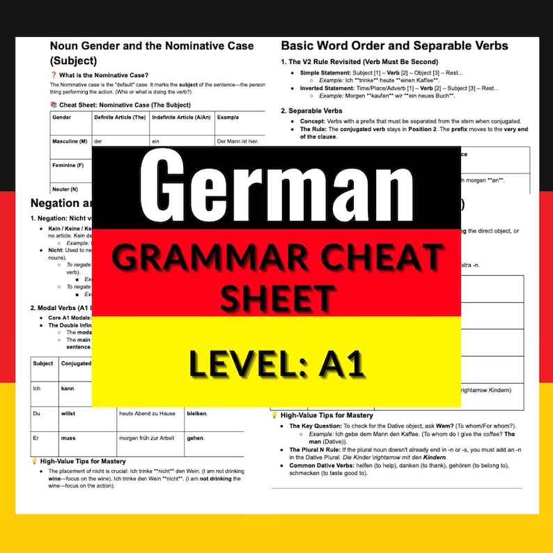 German A1 Grammar Cheat Sheet: Beginners Study Guide Printable Ebook ...