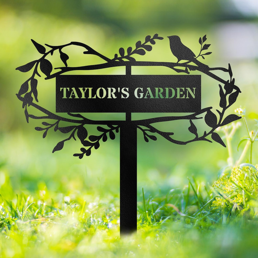 Custom Metal Garden Sign: Bird & Flower Decor, Personalized Name Sign ...