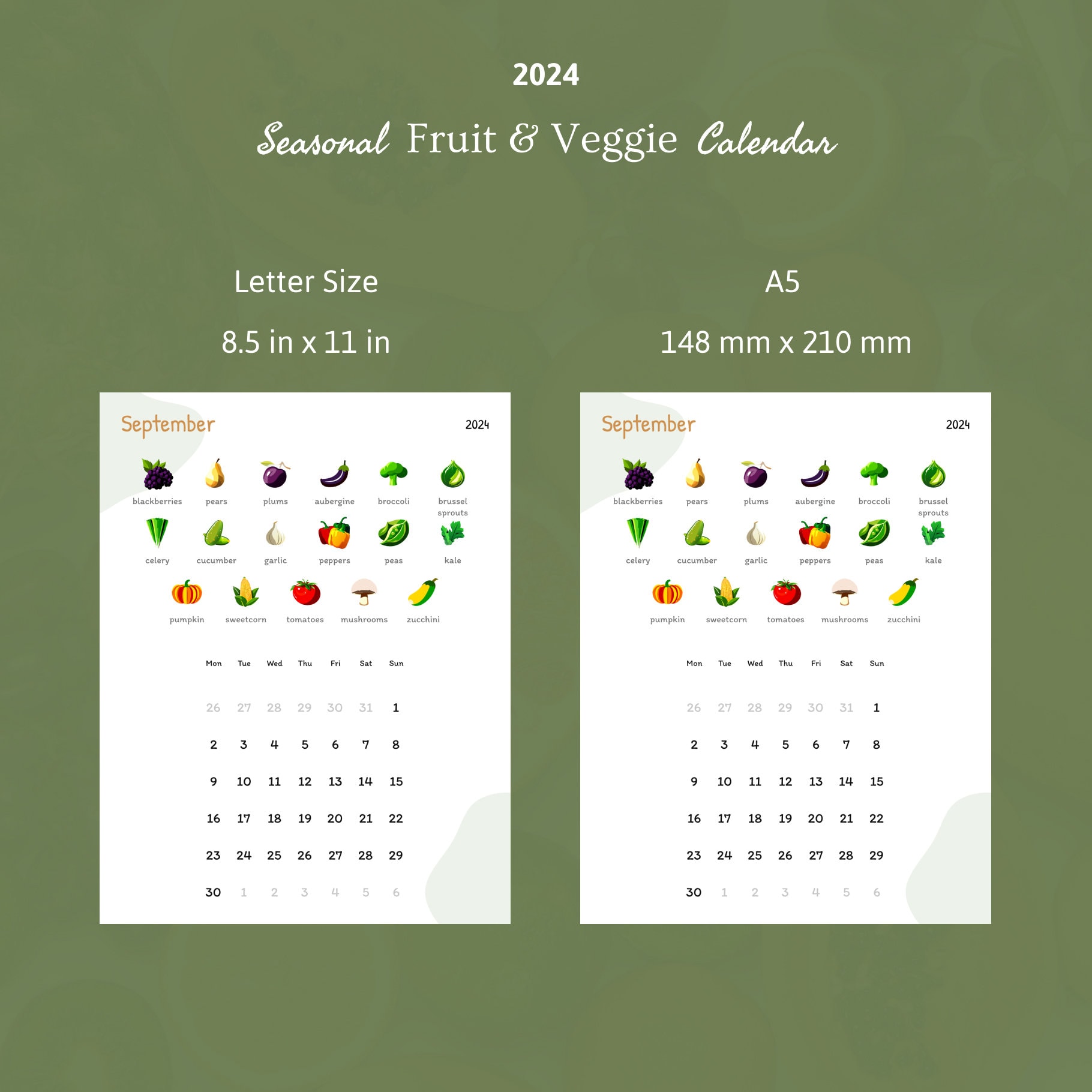 2024 Seasonal Fruit & Veggie Calendar Letter and A5 Size Portrait ...
