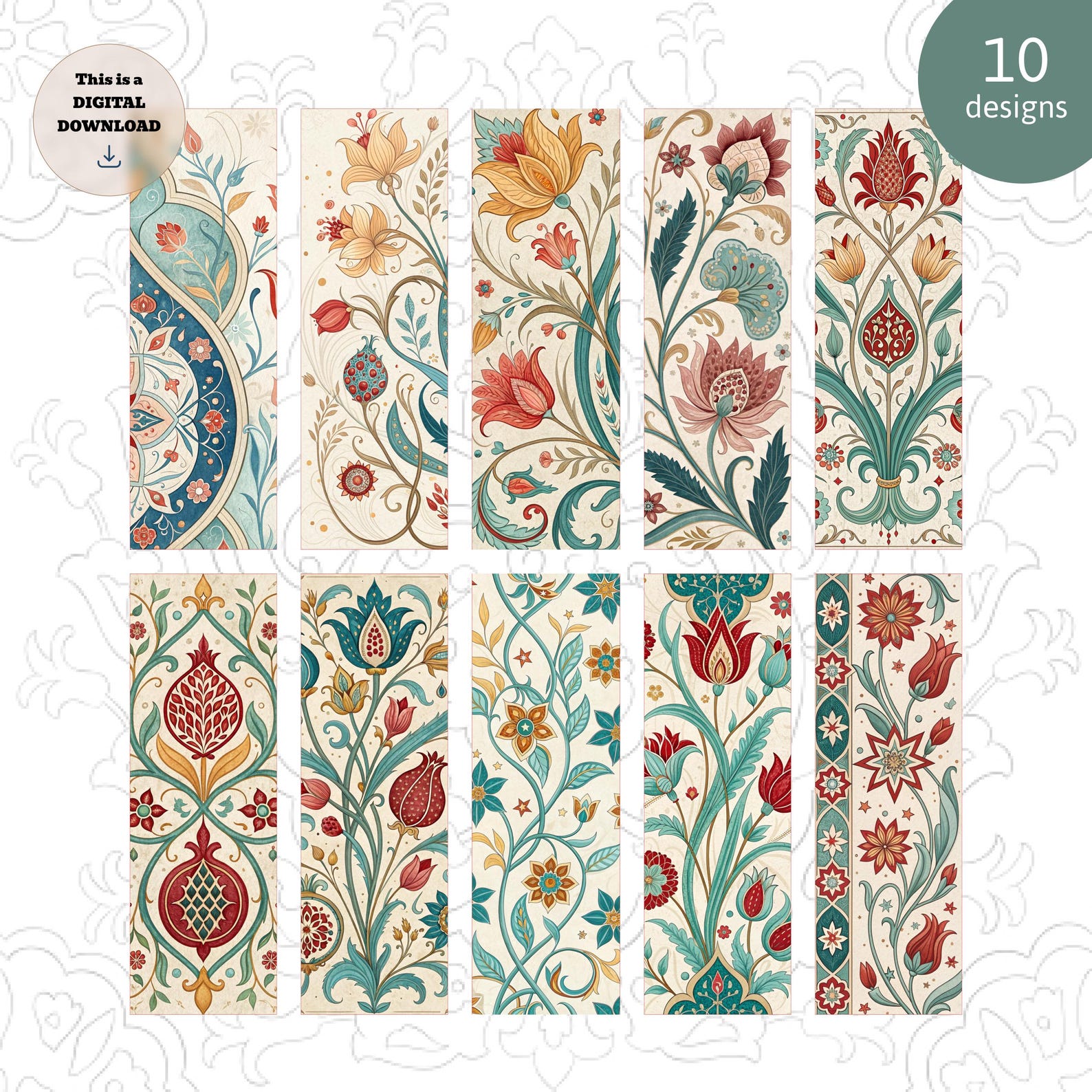 Ottoman Floral Tile Bookmark Set | Turkish Iznik Art Printable ...