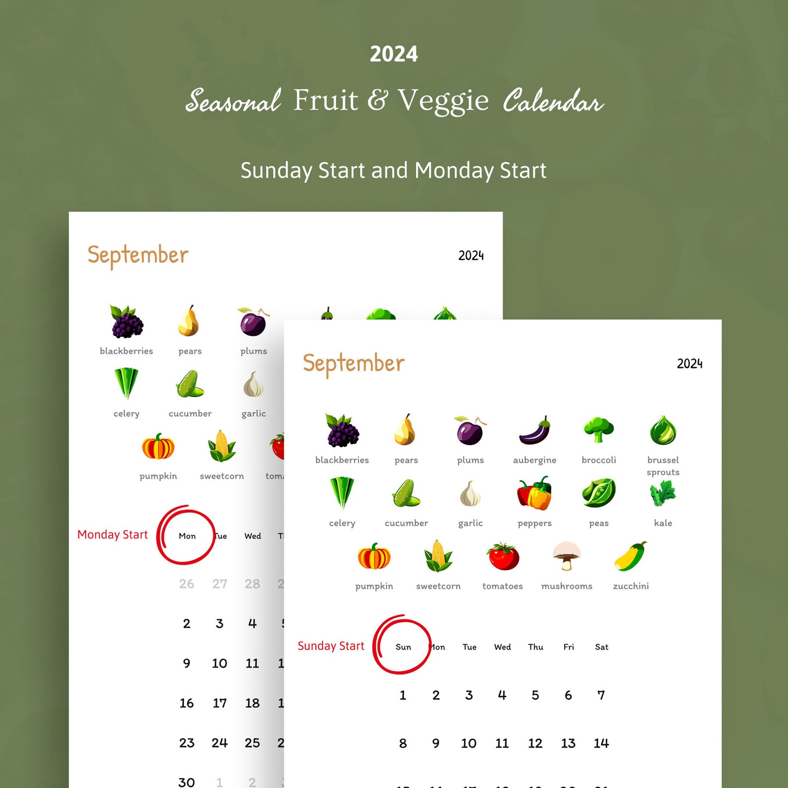 2024 Seasonal Fruit & Veggie Calendar Letter and A5 Size Portrait ...