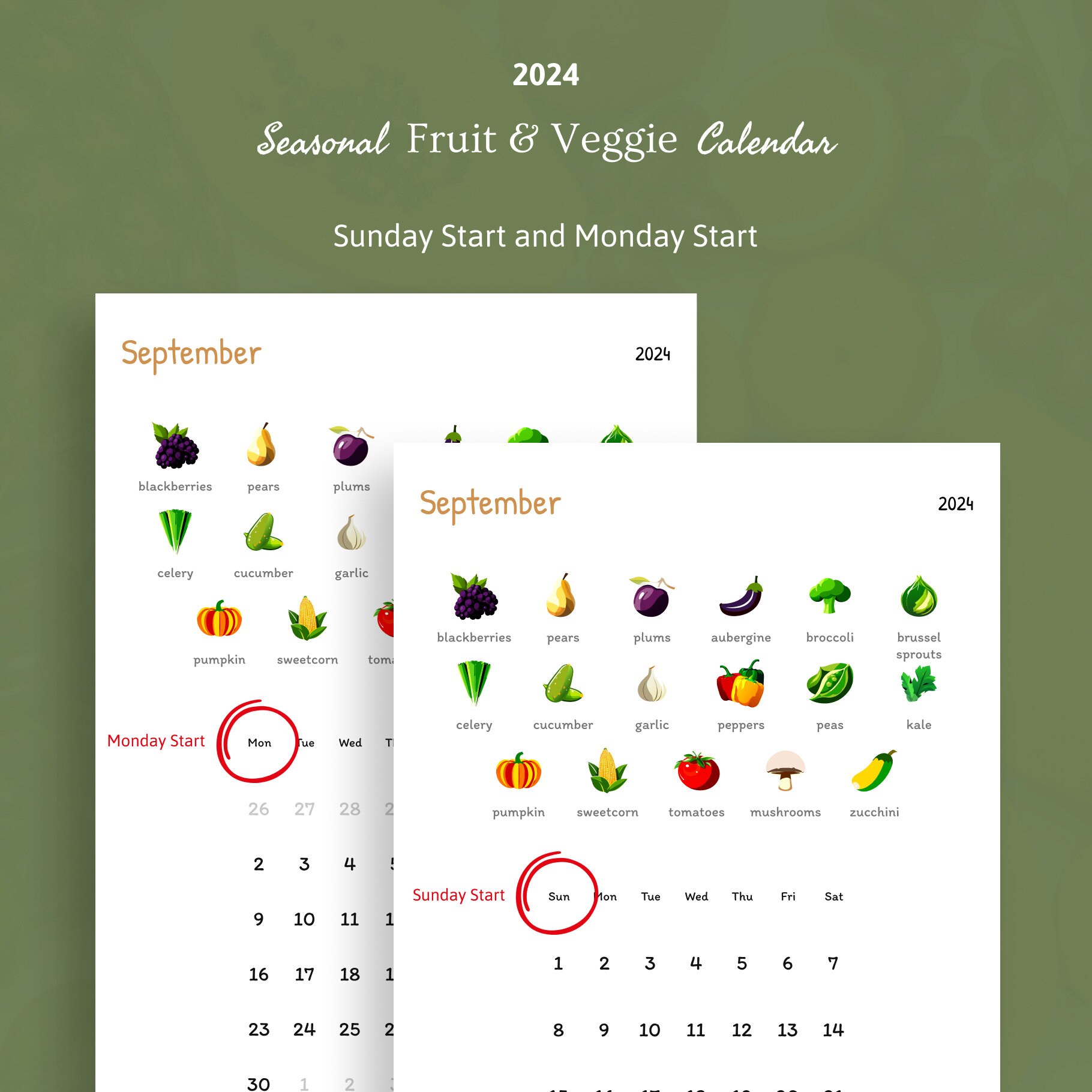 2024 Seasonal Fruit & Veggie Calendar Letter and A5 Size Portrait ...