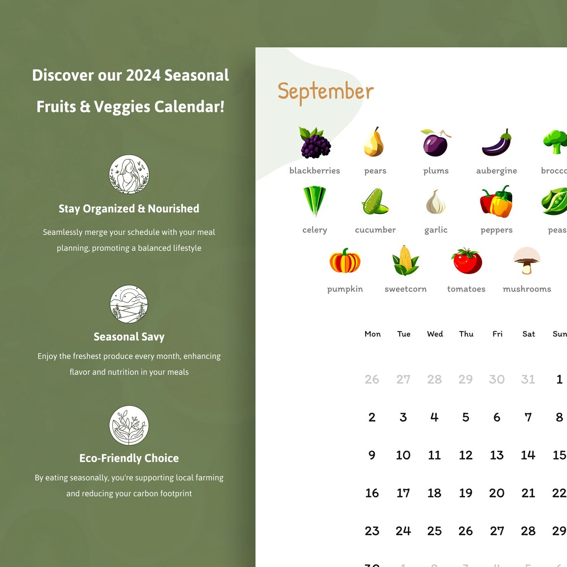 2024 Seasonal Fruit & Veggie Calendar Letter and A5 Size Portrait ...