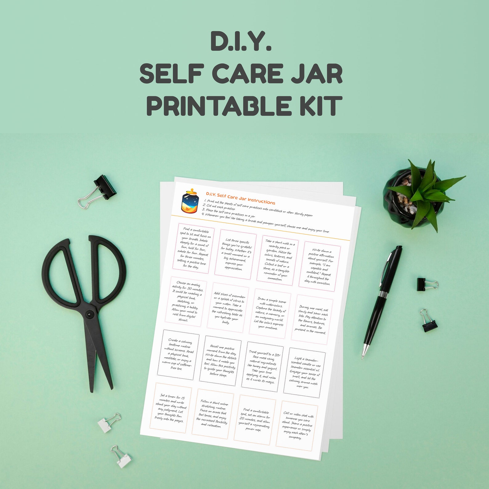 D.I.Y. Self Care Jar Printable Kit | A4 Size Paper | +50 Self Care ...