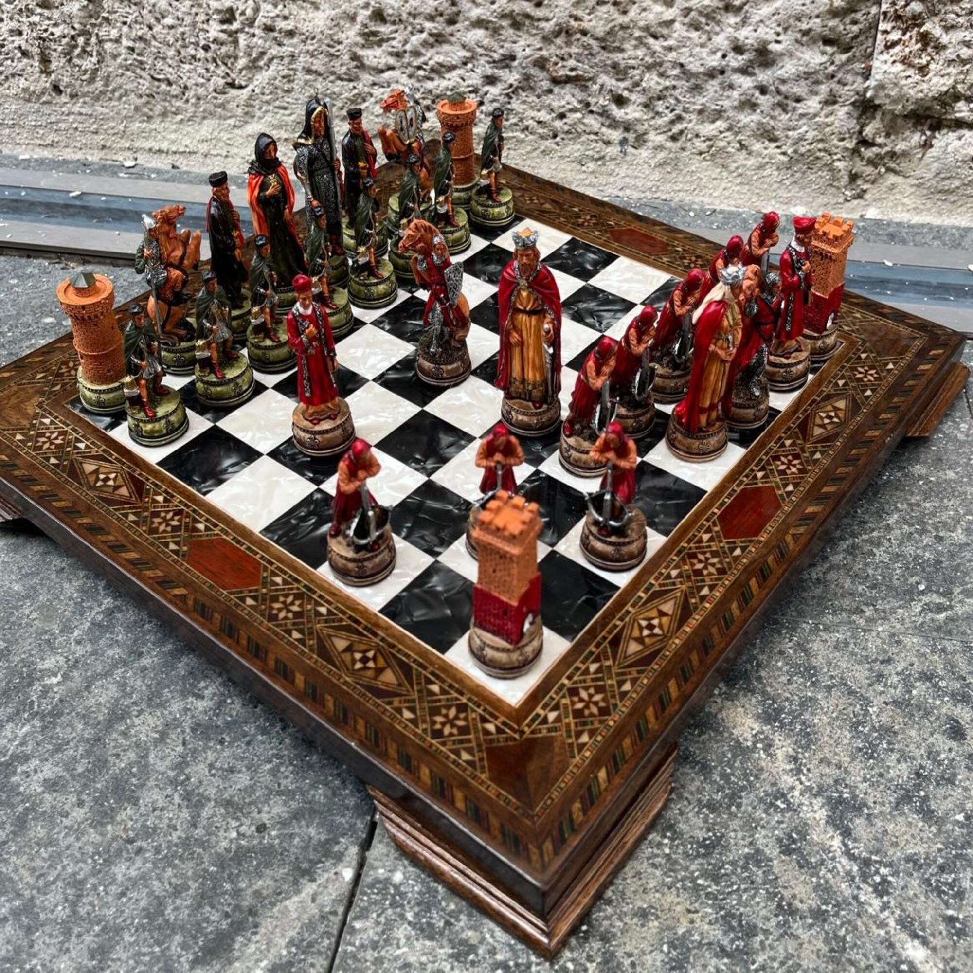 Chess Set Vintage Camelot Theme Hand Painted Chess Pieces Wood Chess ...