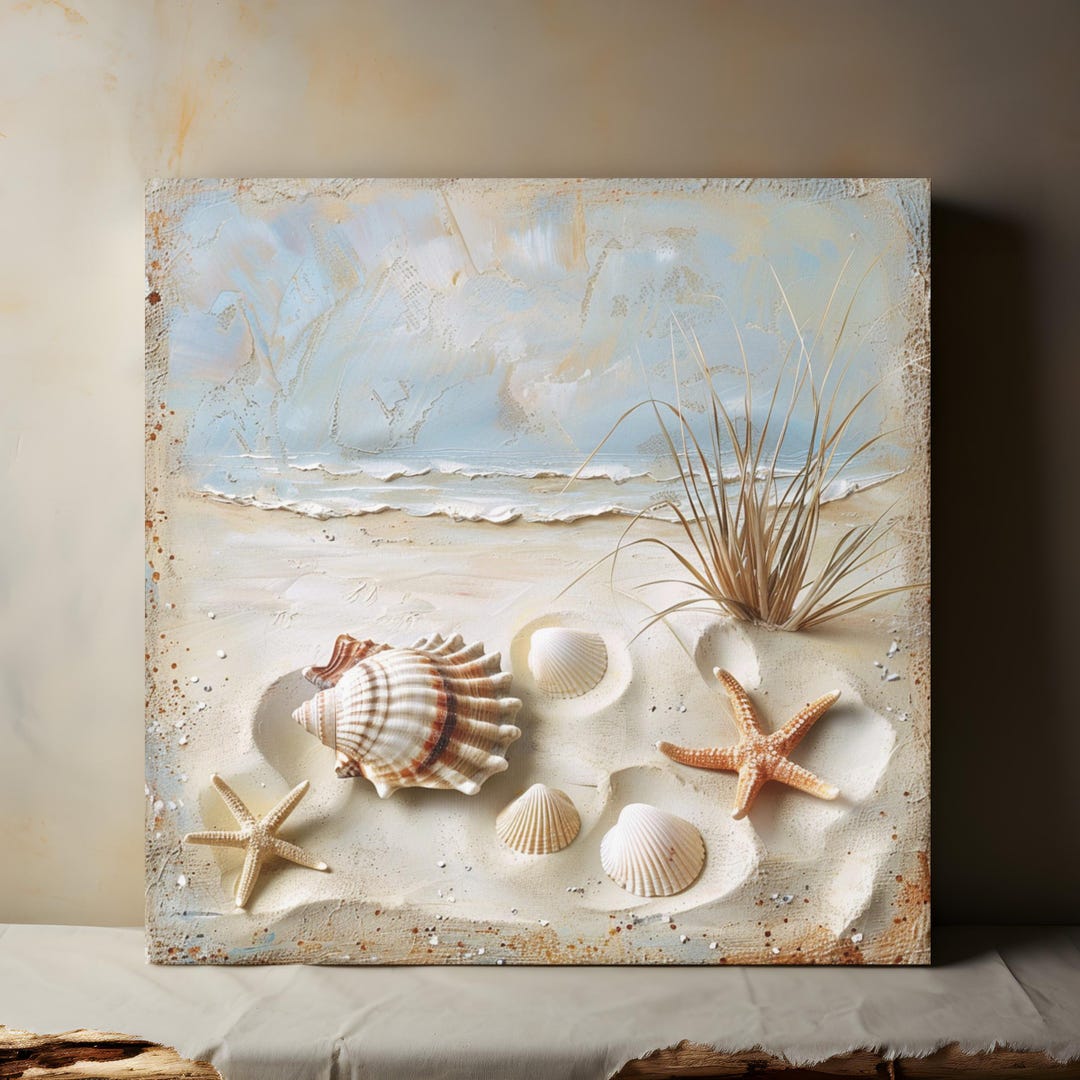 Sea Shells on Beach Canvas Wall Art, Ocean Beach, Vintage Seascape ...