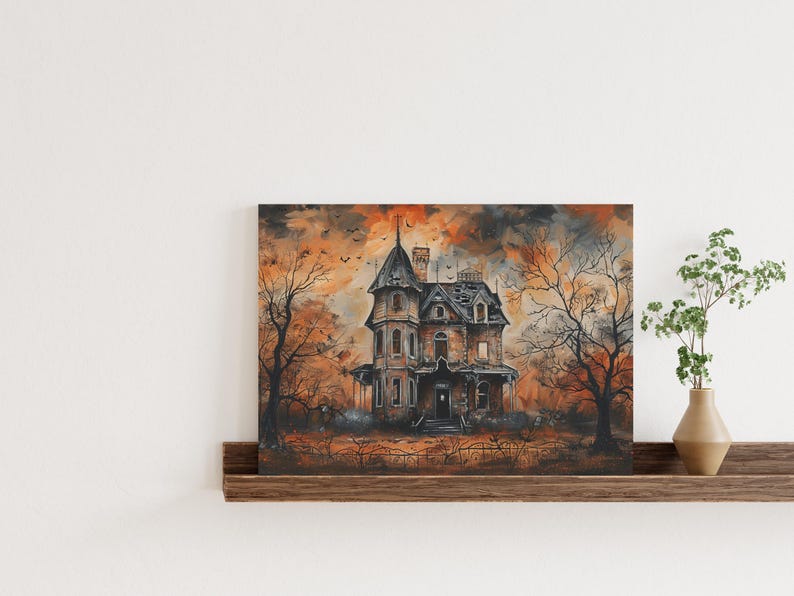 Vintage Haunted House Canvas Wall Print, Halloween Print, Spooky Decor ...
