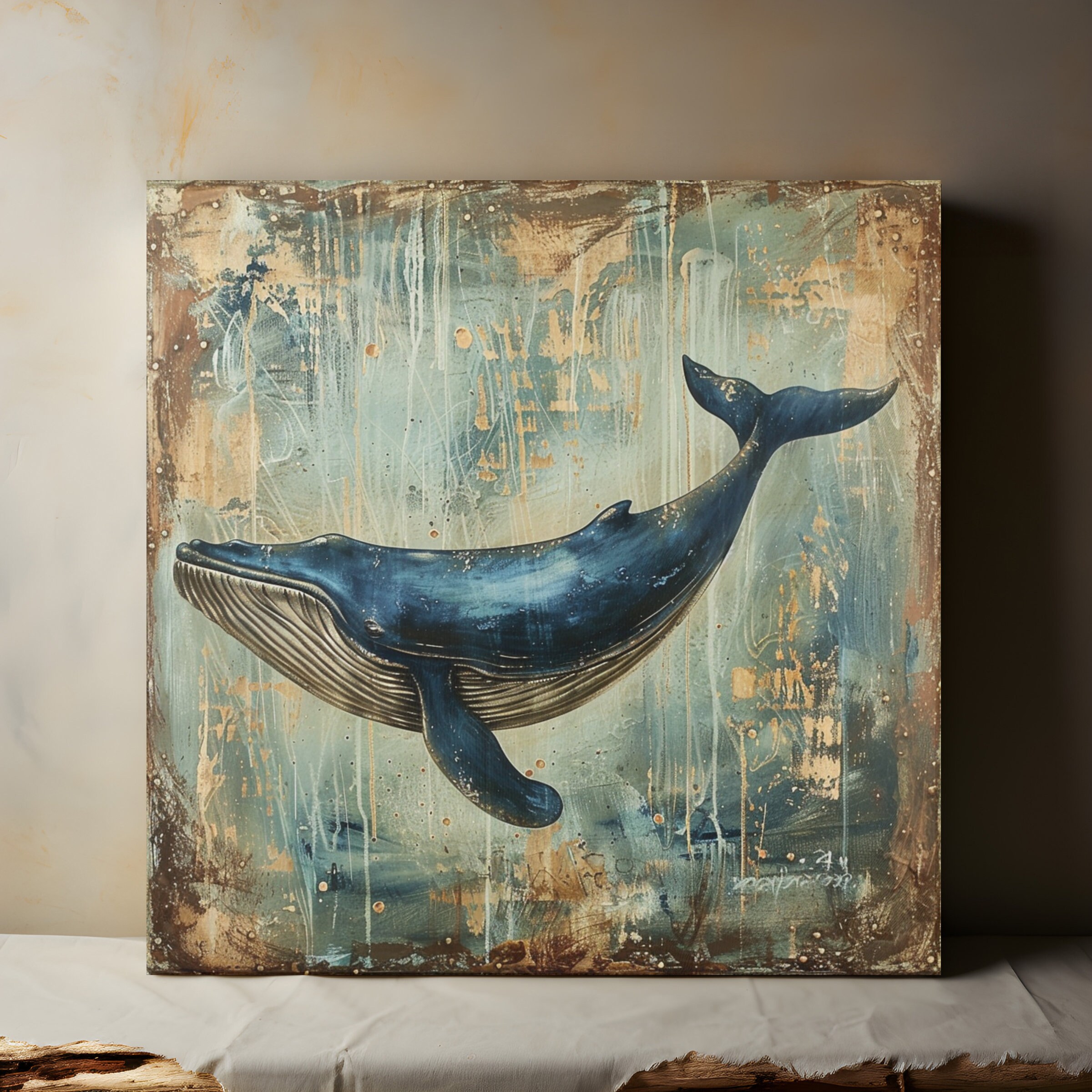 Vintage Blue Whale Canvas Wall Art, Ocean Beach, Vintage Seascape ...