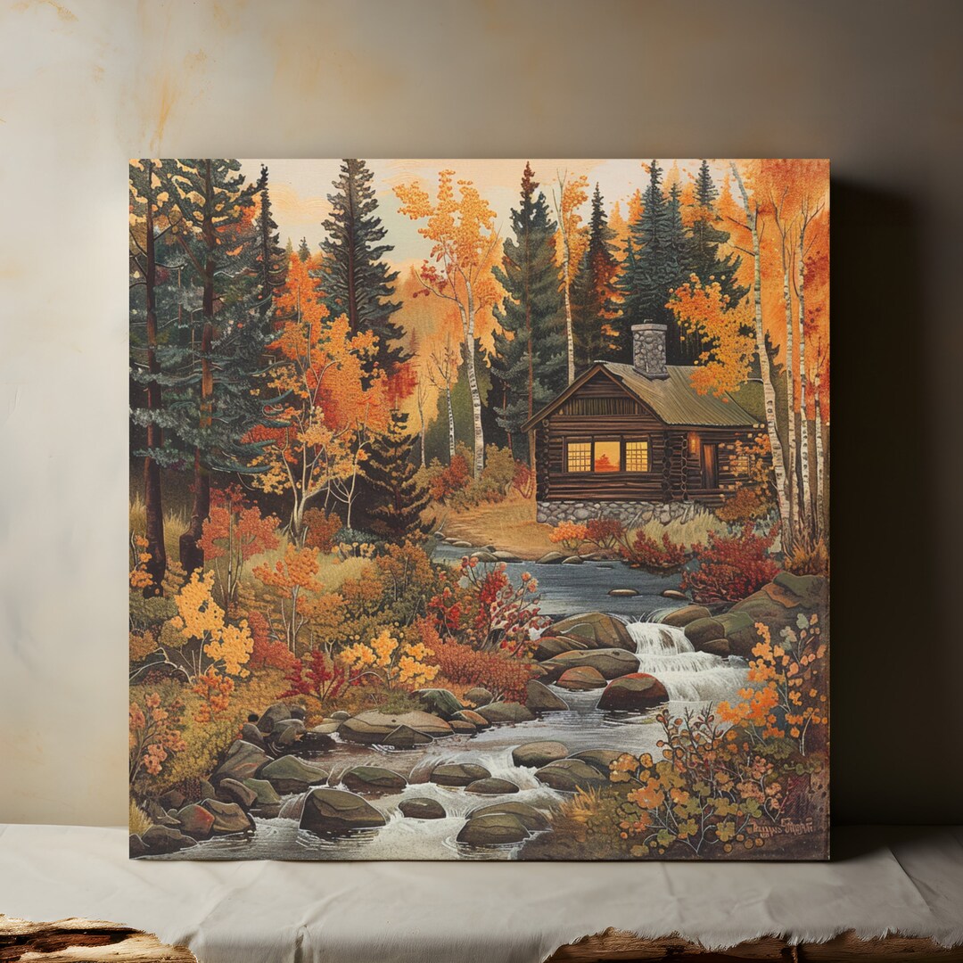 Cabin With Stream During Autumn Canvas Wall Art, Hunting Prints ...